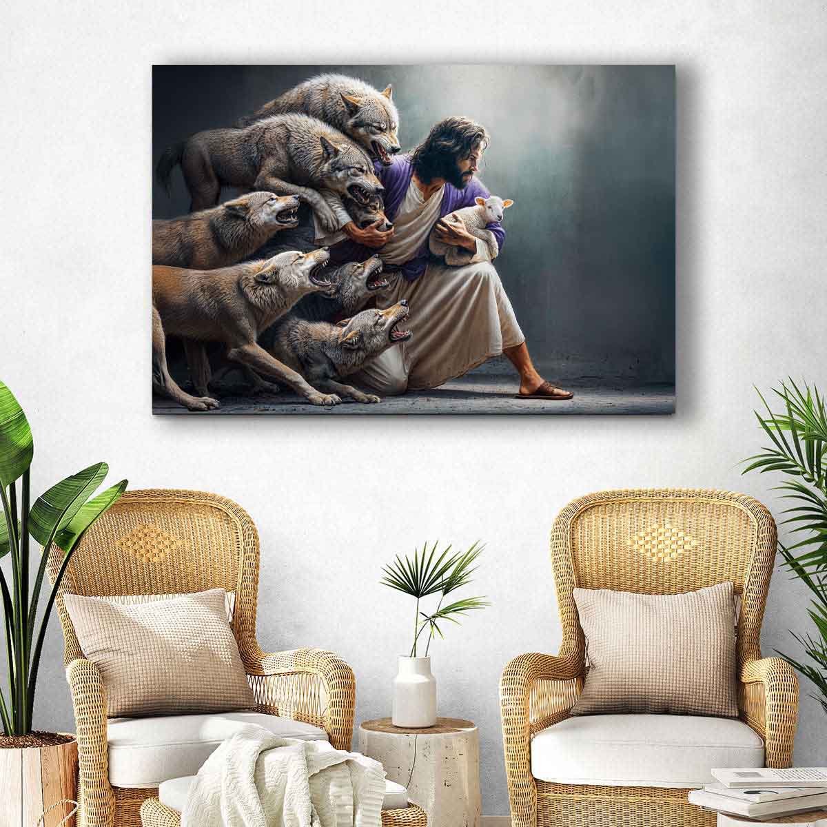 Jesus Guards the Lamb Against Wolves Christian Wall Art – CupCus