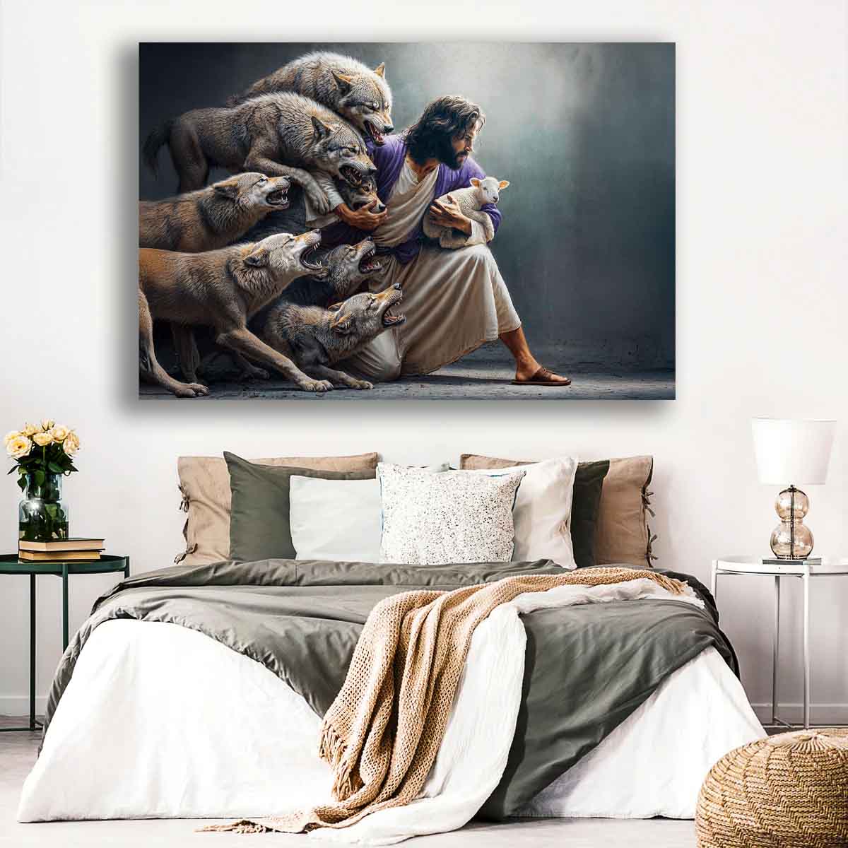 Jesus Guards the Lamb Against Wolves Christian Wall Art – CupCus