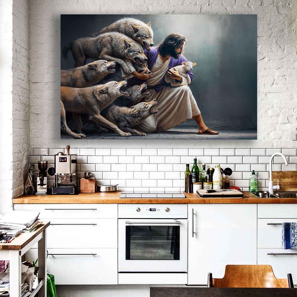 Jesus Guards the Lamb Against Wolves Christian Wall Art – CupCus