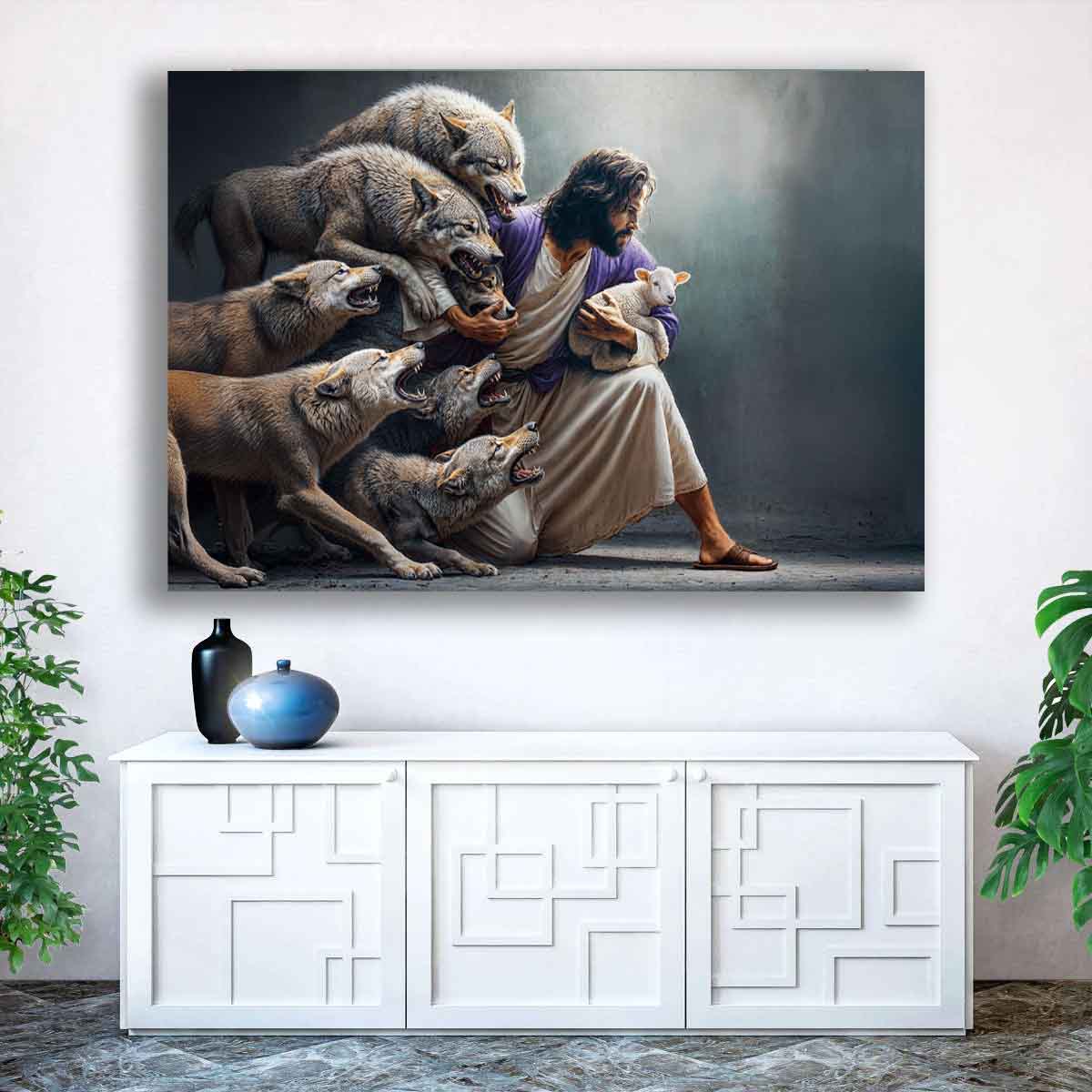 Jesus Guards the Lamb Against Wolves Christian Wall Art – CupCus
