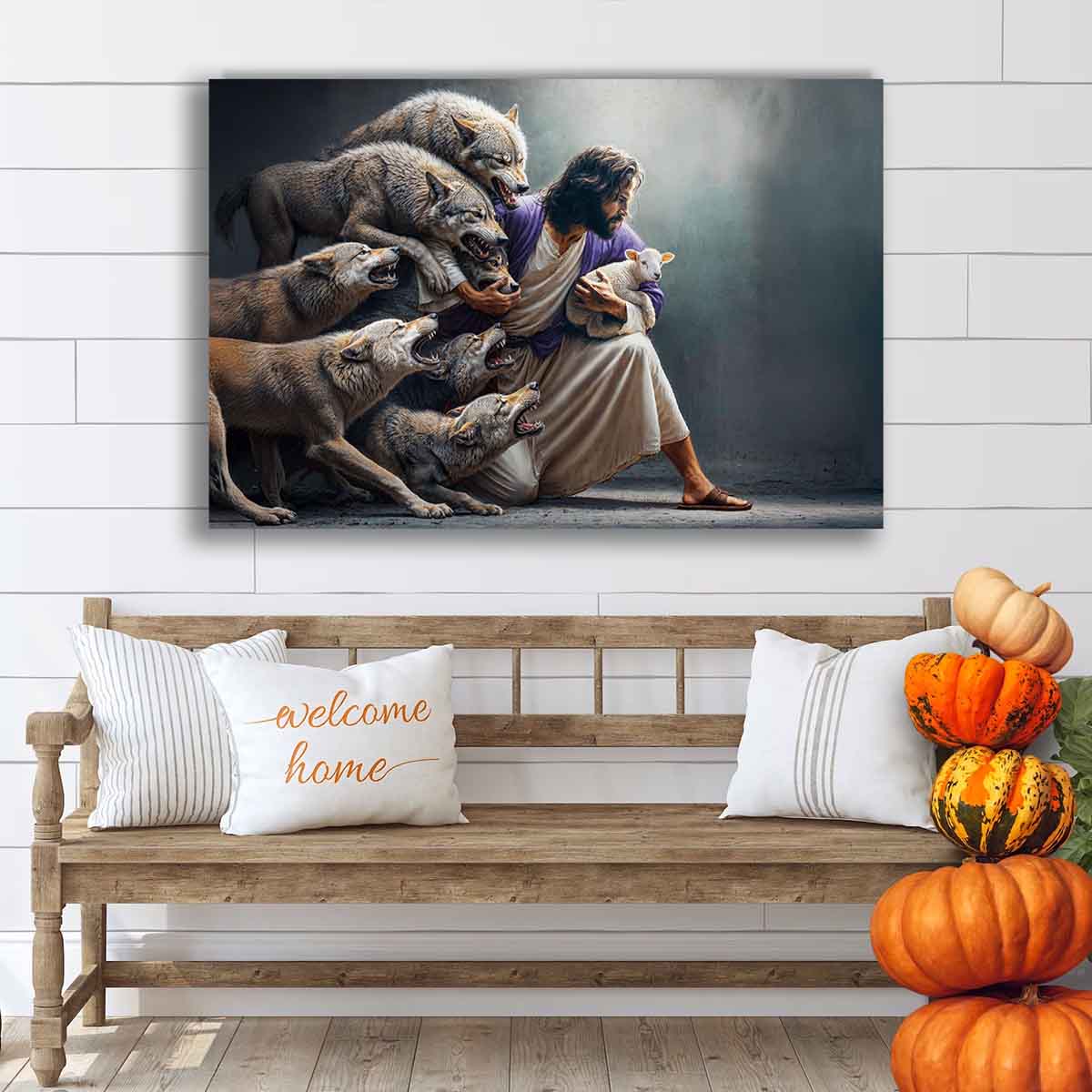 Jesus Guards the Lamb Against Wolves Landscape Wall Art – CupCus
