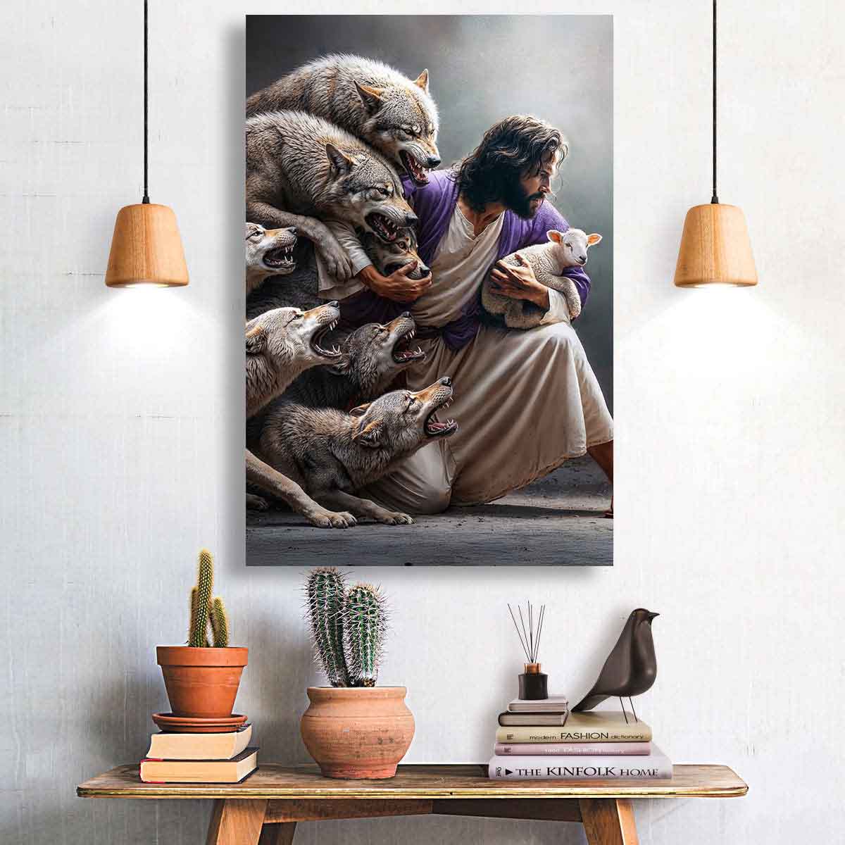 Jesus Guards the Lamb Against Wolves Christian Wall Art – CupCus