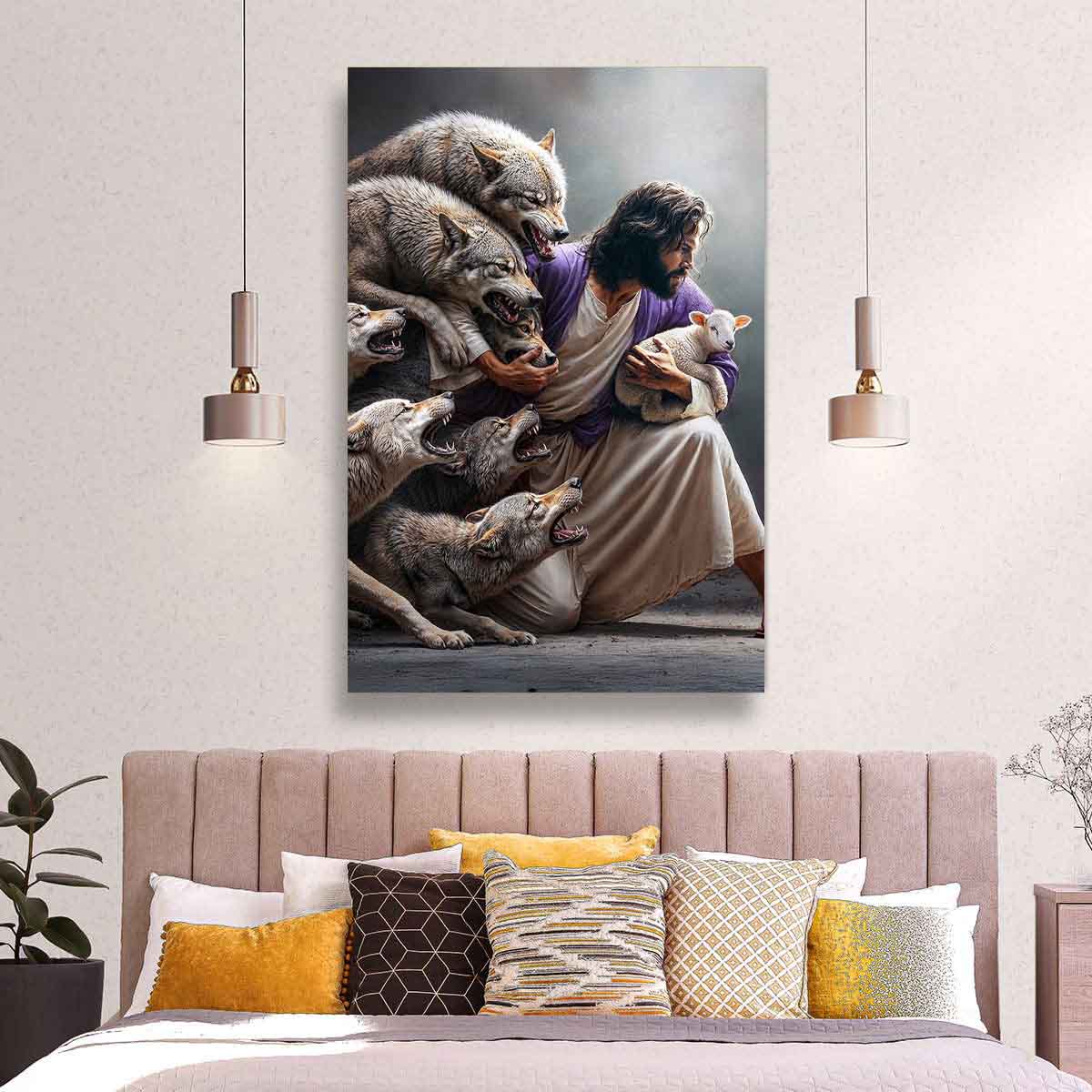 Jesus Guards the Lamb Against Wolves Christian Wall Art – CupCus