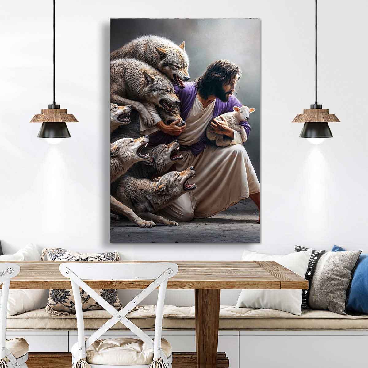 Jesus Guards the Lamb Against Wolves Christian Wall Art – CupCus