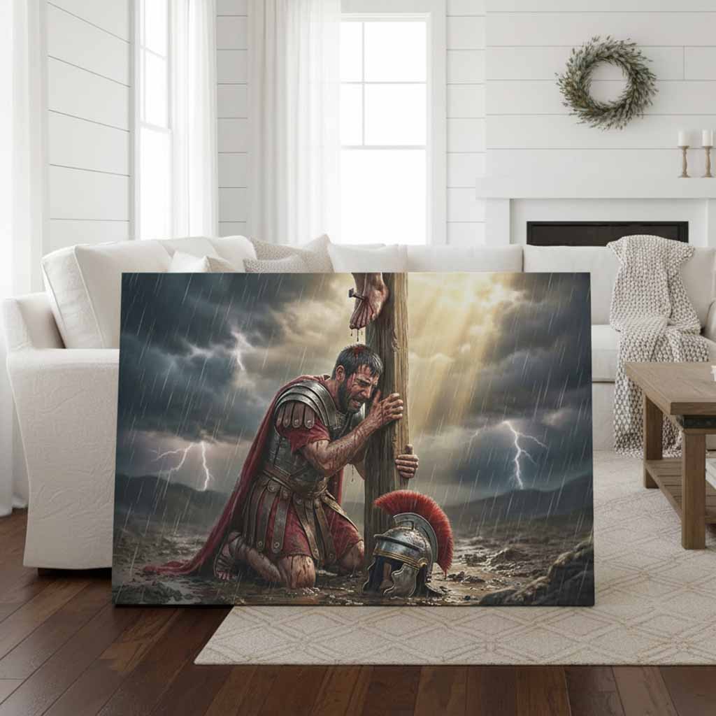 Roman Soldier at the Cross – Christian Redemption Canvas Art – CupCus
